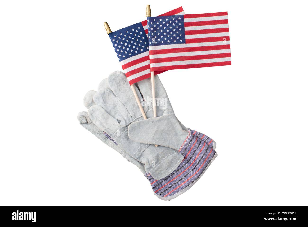 Protective work gloves and us flags isolated on white background labor ...