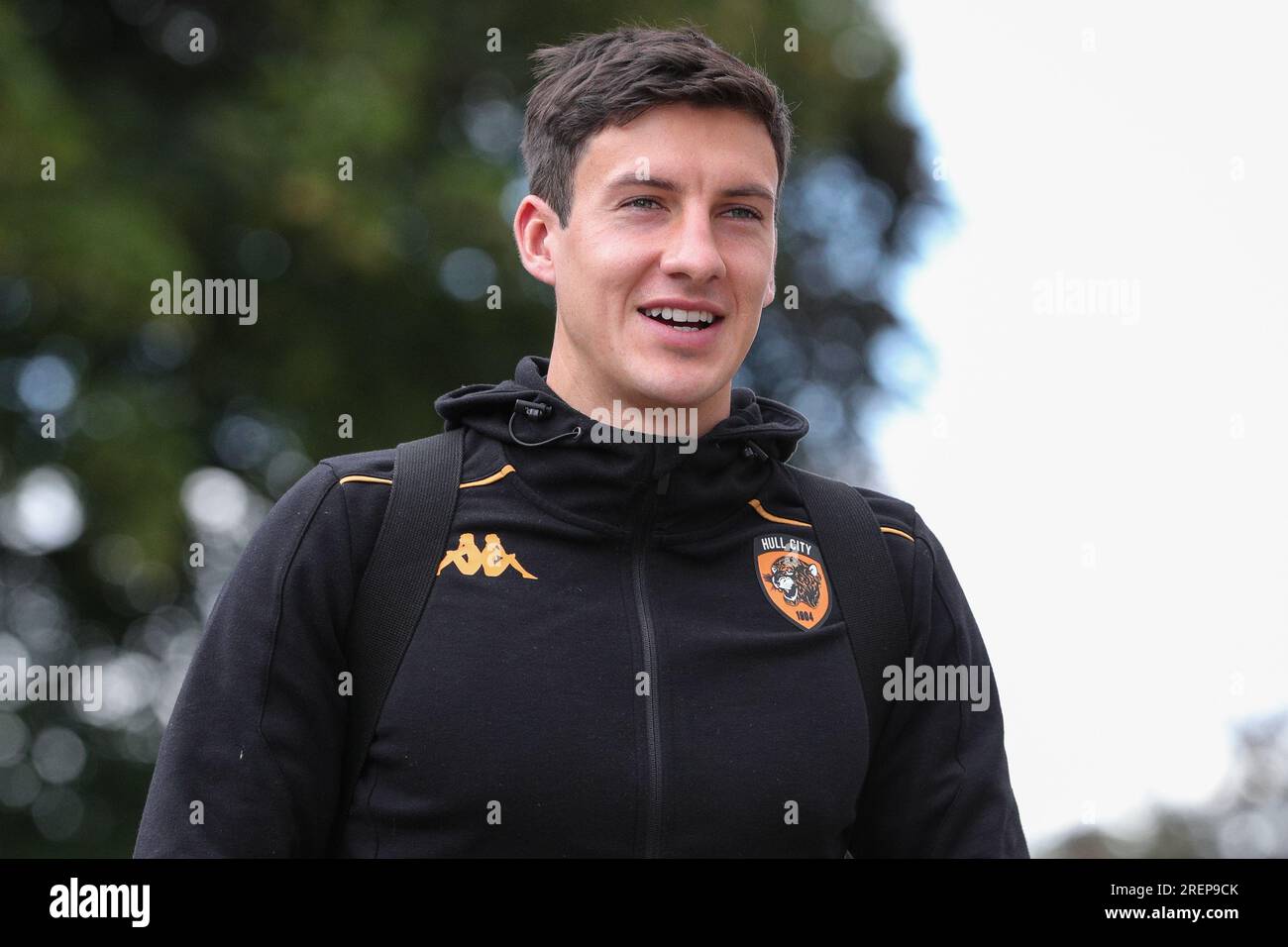 Alfie Jones #5 of Hull City arrives at The MKM Stadium ahead of the Pre ...
