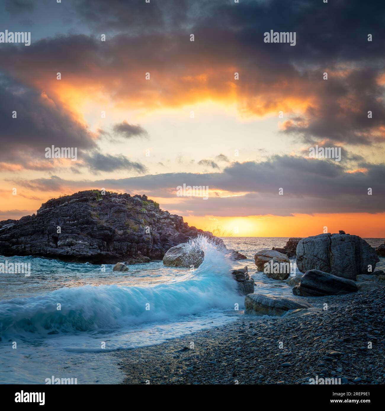 Seascape. Sea Ocean Wave hit the rock at beach, sea water splash up to ...