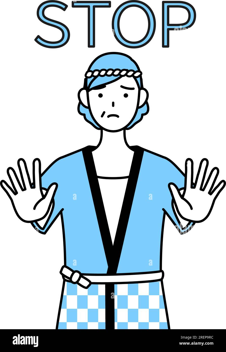 Senior woman wearing Happi coat for summer festivals with her hands out ...