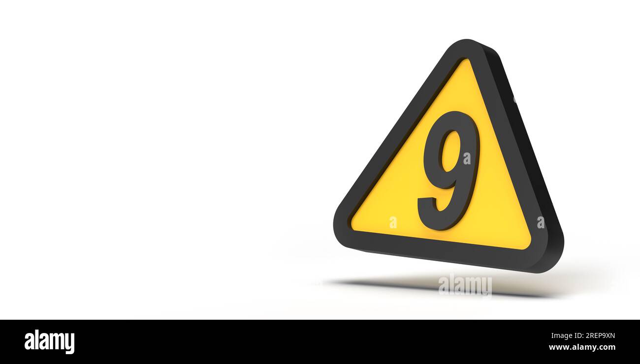 Caution concept: Warning triangle sign with Number 9 symbol on framed ...