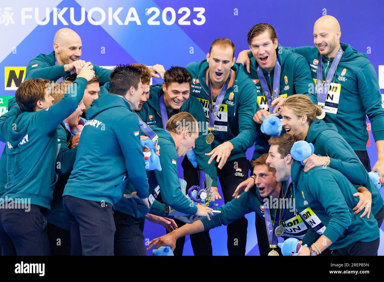 FUKUOKA, JAPAN - JULY 29: Marton Levai of Hungary, Daniel Angyal of ...