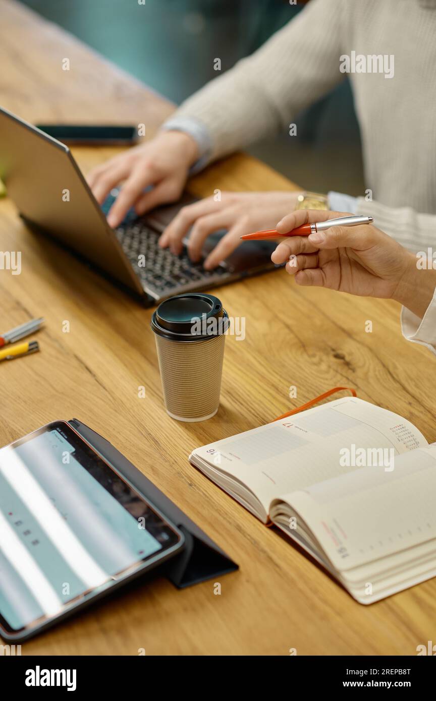 Closeup office workers hand over desk table during business meeting ...