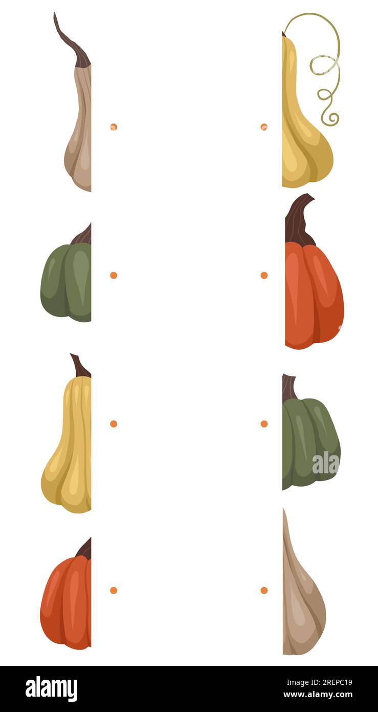 Find right half for various autumn pumpkins. Vector worksheet template ...