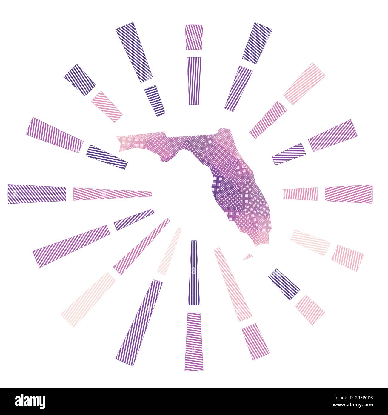 Florida sunburst. Low poly striped rays and map of the US state ...