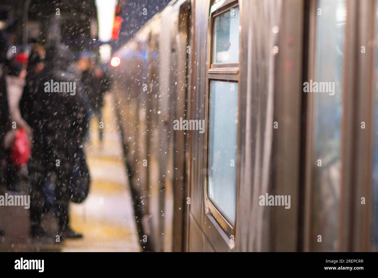 Subway station train stop, during bed weather snow storm season, copy ...