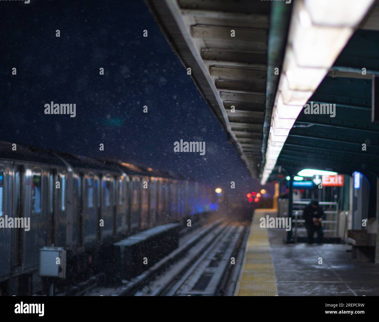 Subway station train stop, during bed weather snow storm season, copy ...