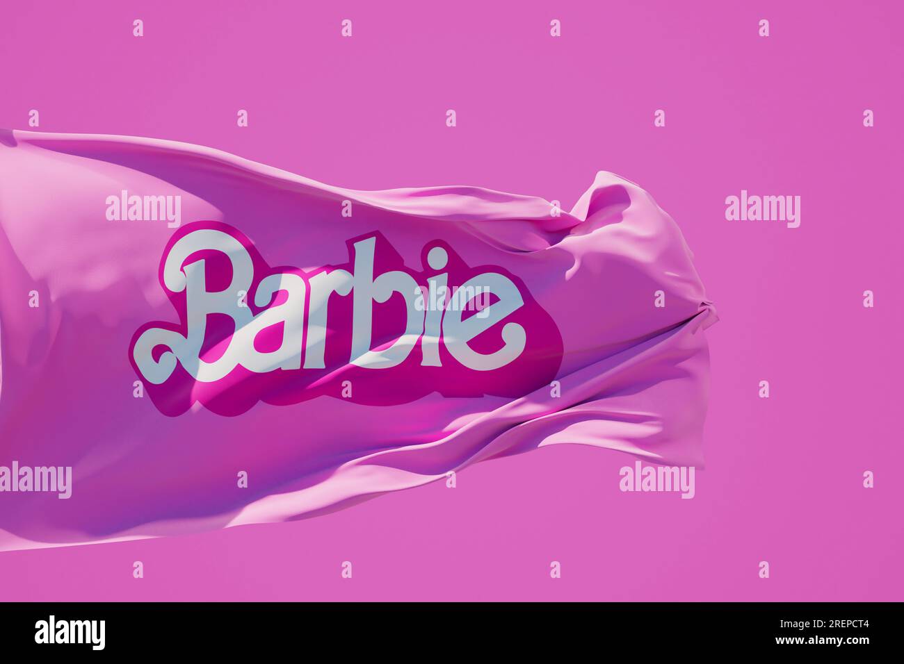 LONDON, UK - July 2023: Barbie doll logo on a flag. Barbie is a fashion ...
