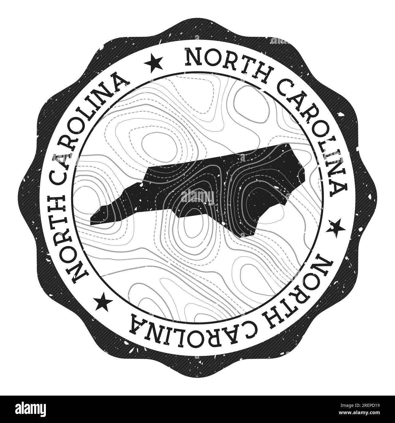 North Carolina outdoor stamp. Round sticker with map of US state with ...