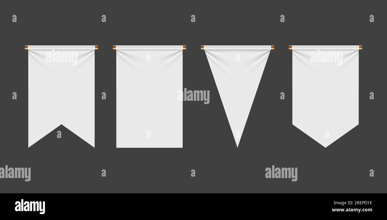 set of white pennant flags mock up, blank vertical banners on flagpole ...