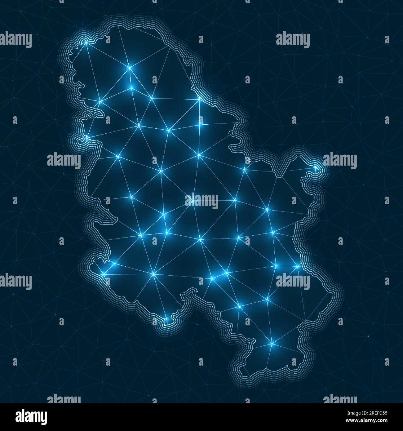 Serbia network map. Abstract geometric map of the country. Digital connections and ...
