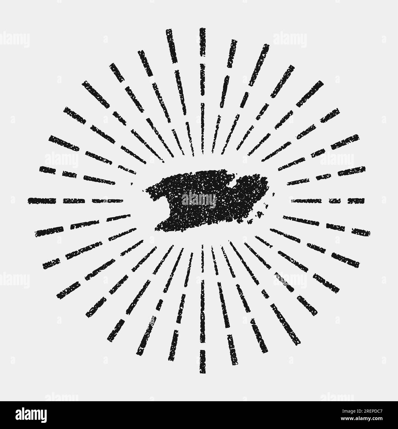 Vintage map of Vis. Grunge sunburst around the island. Black Vis shape ...