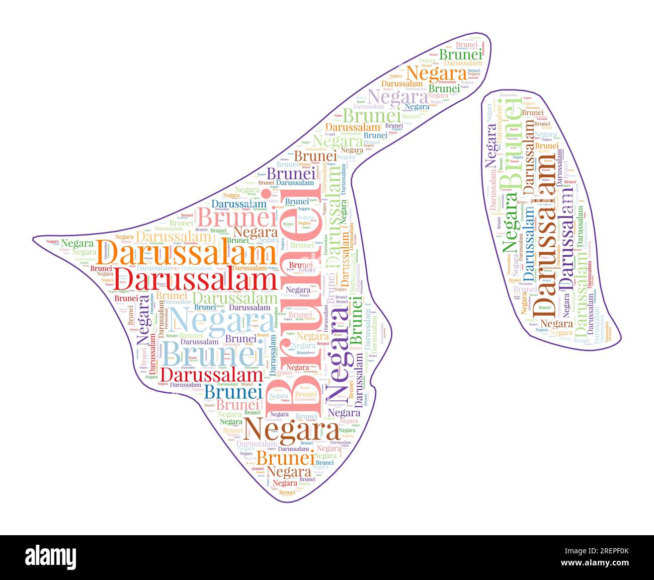 Brunei shape filled with country name in many languages. Brunei map in ...