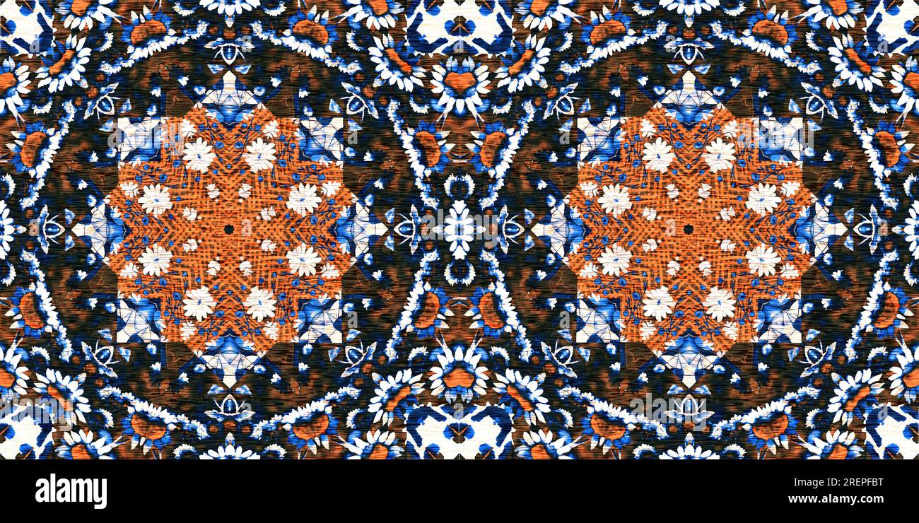 Indigo blue white vibrant watercolor batik azulejos tile border banner ...