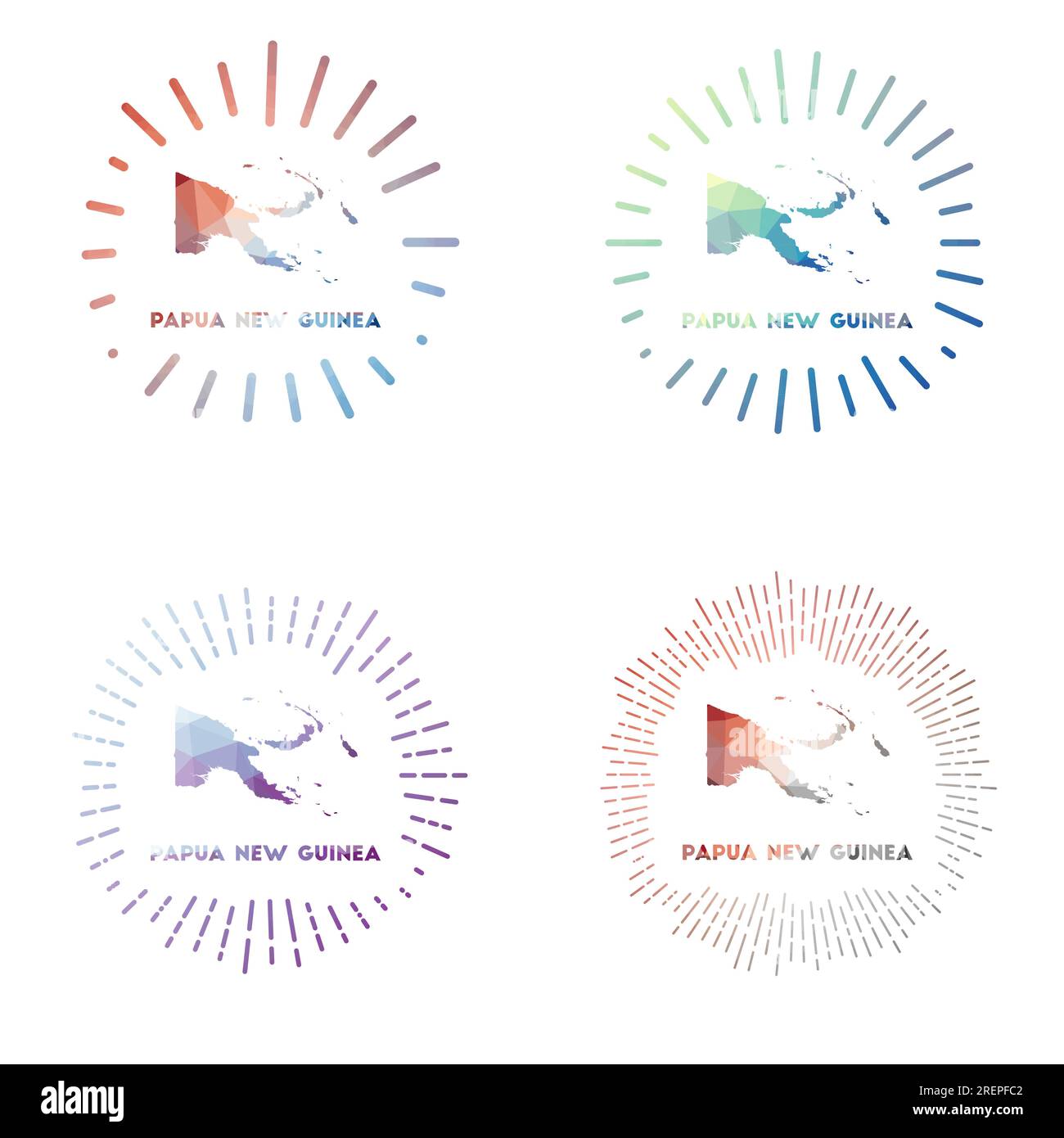 Papua New Guinea low poly sunburst set. Logo of country in geometric ...