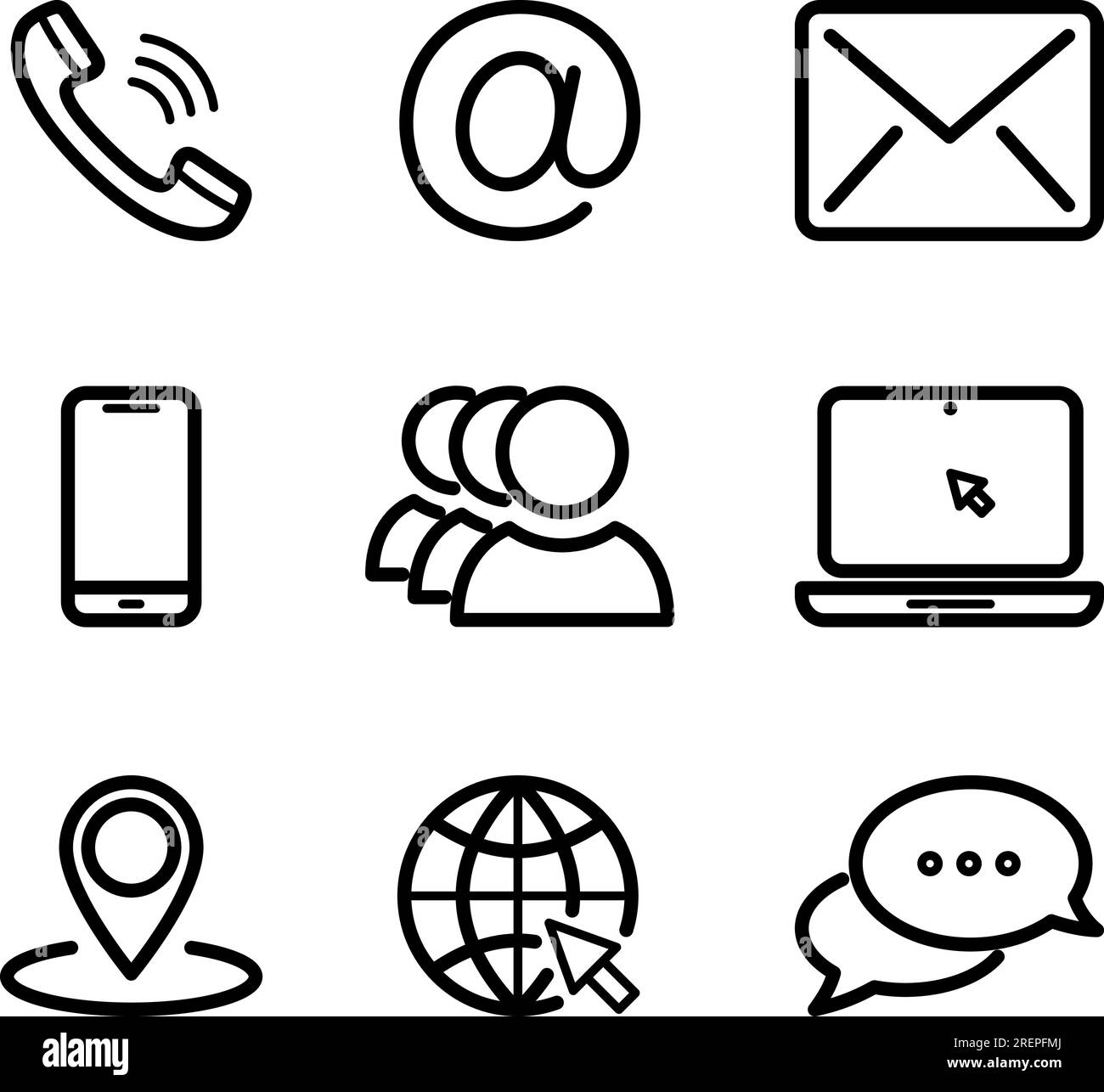 Linear icons of Phone, Mail, Mobile, Go to WEB, Social, Pin and Comment ...