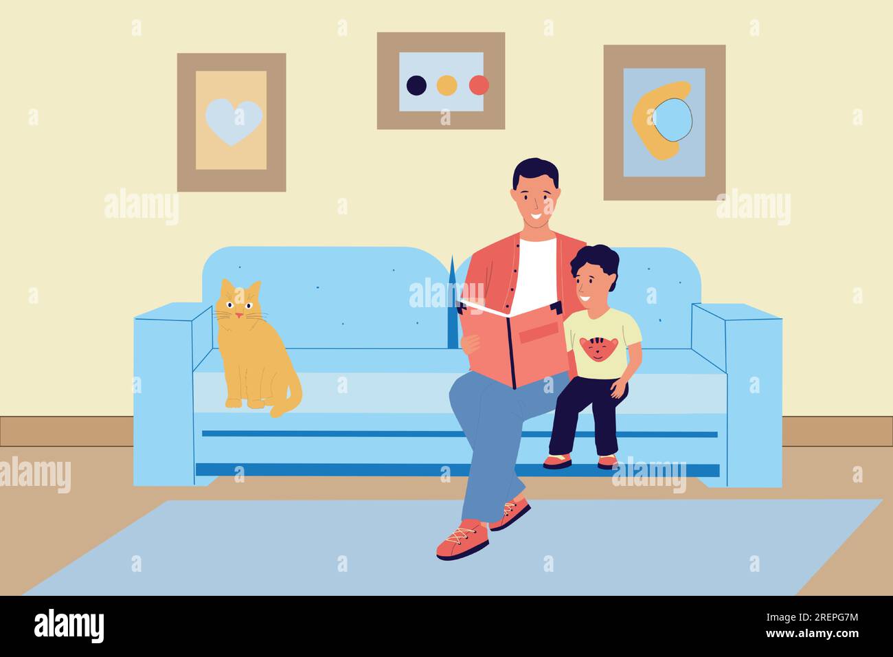 Parents and kids. Cartoon father reading book to son. Happy people ...