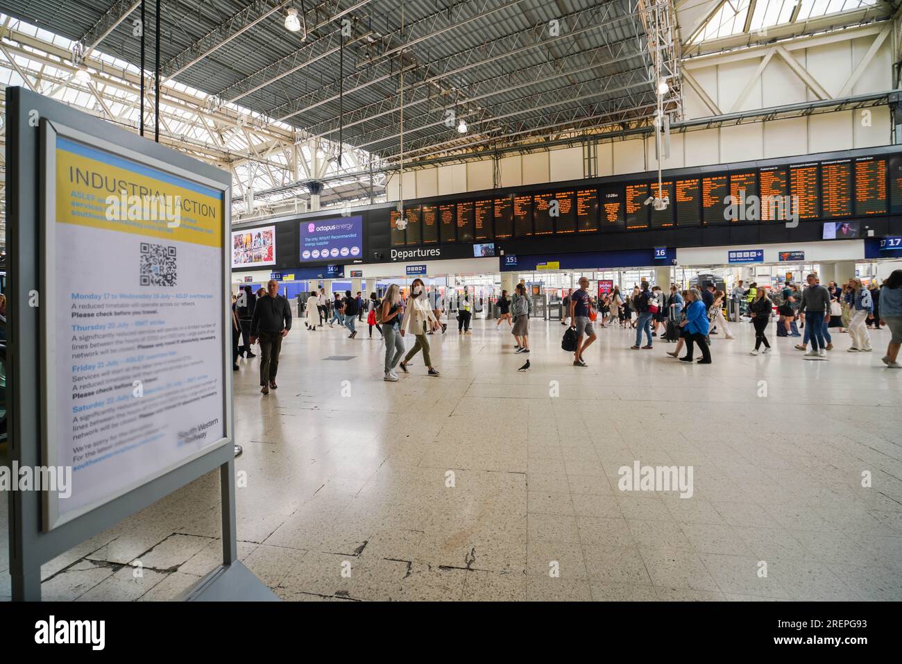 London UK. 29 July 2023 A sign at Waterloo station information ...