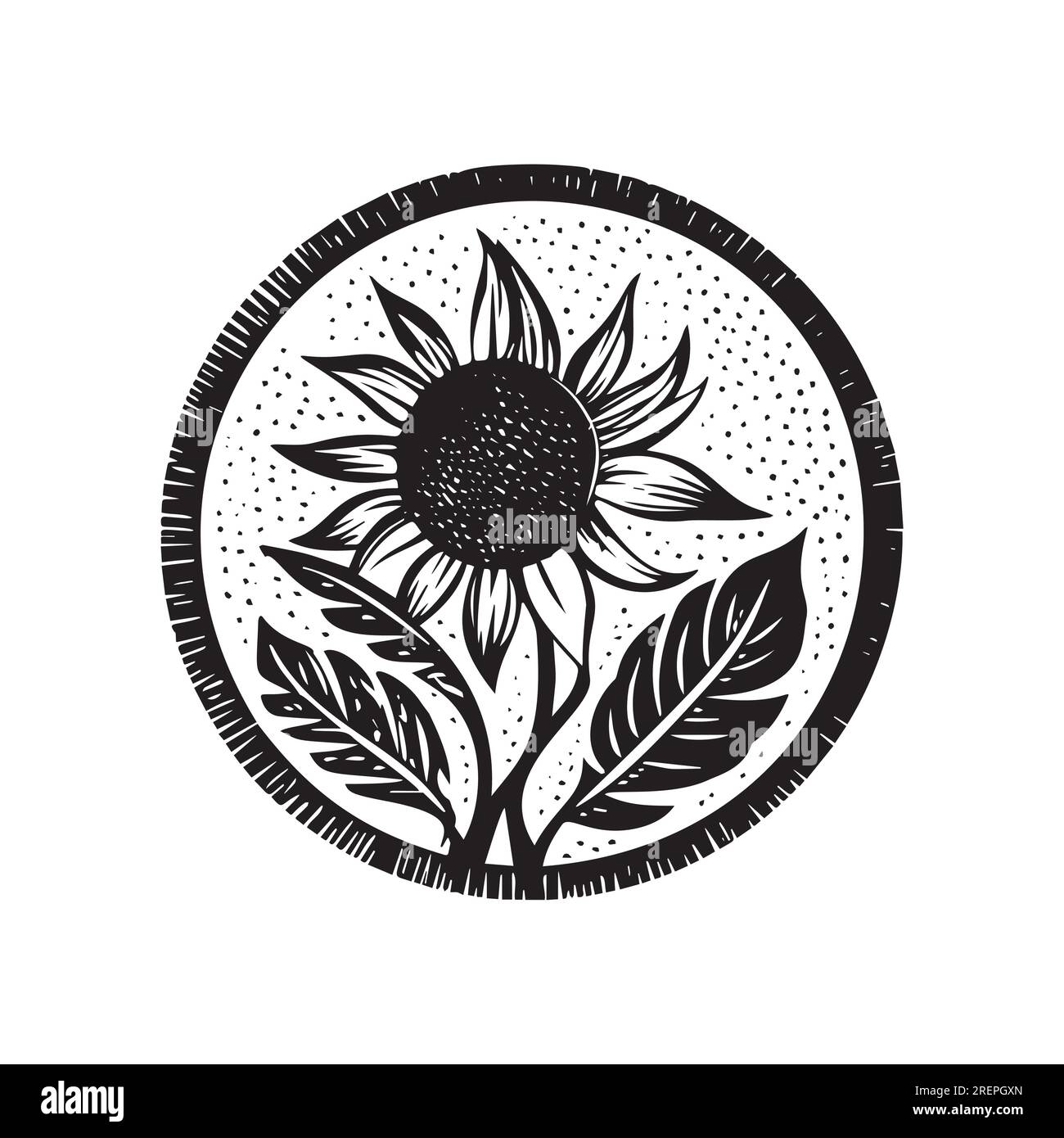 Nordic linocut floral in rustic circle motif for quirky print. Hand ...