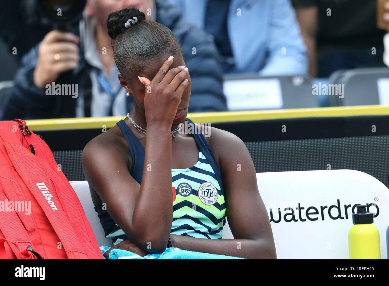 Germany's Noma Noha Akugue gestures, during a break as she plays Netherlands' Arantxa Rus ...