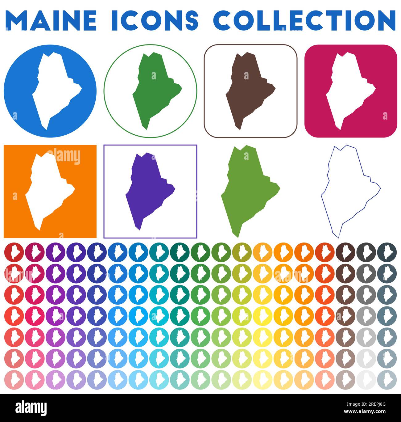 Maine icons collection. Bright colorful trendy map icons. Modern Maine ...