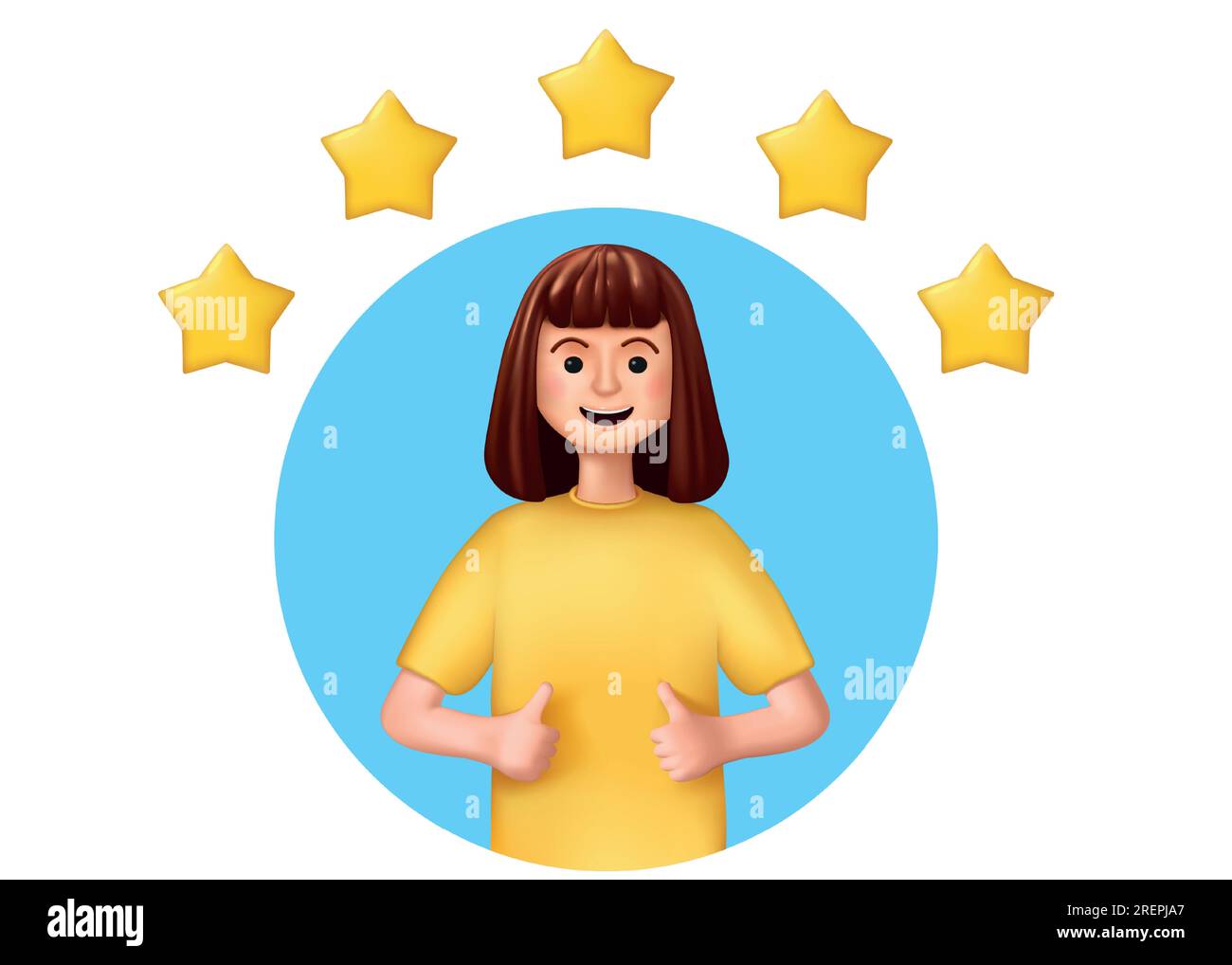 3d character. Customer review, happy client person, yellow five stars ...