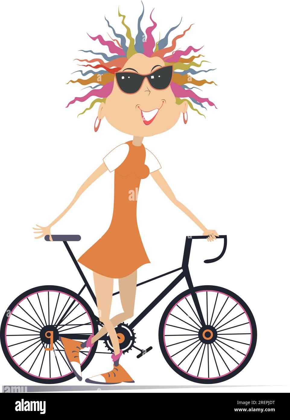 Cartoon cycling young woman illustration. Smiling cyclist woman ...