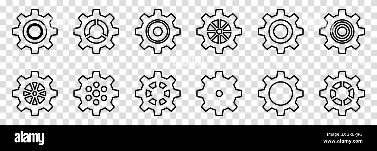 Simple Gear wheel collection. Cogwheel. Gears icon outline set. Setting gears icon. Machine gear ...