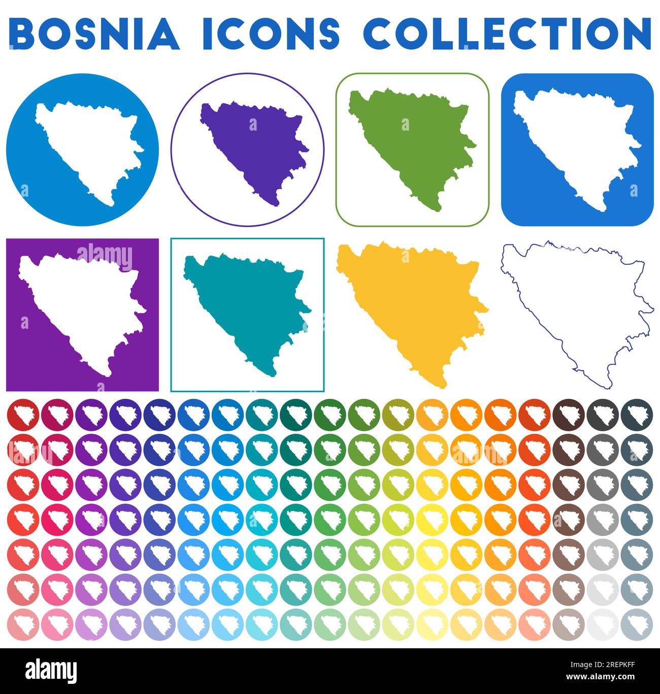 Bosnia icons collection. Bright colorful trendy map icons. Modern Bosnia badge with country map ...