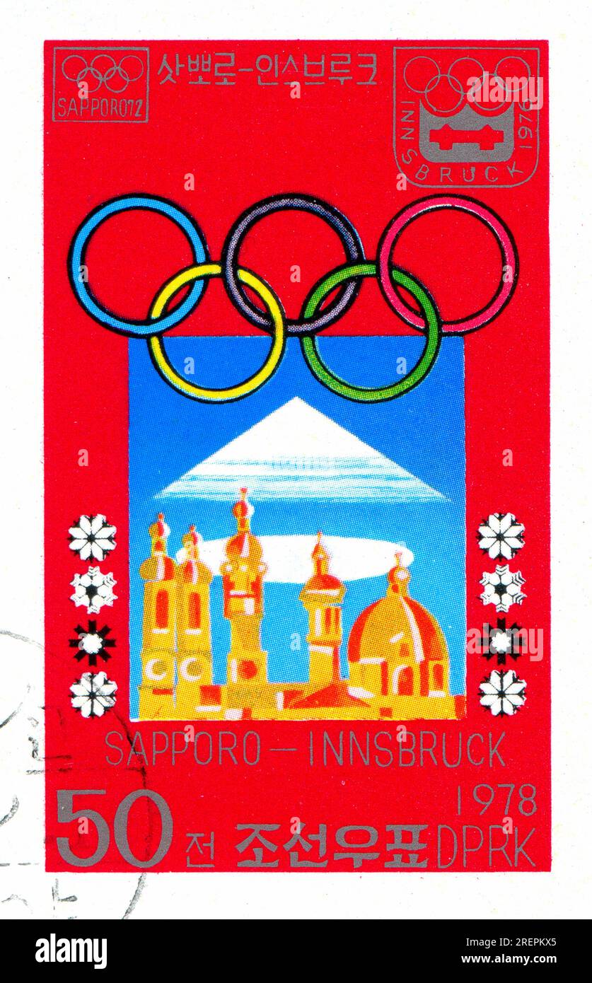DPR KOREA - CIRCA 1978: stamp printed by DPR Korea, shows olympic rings ...