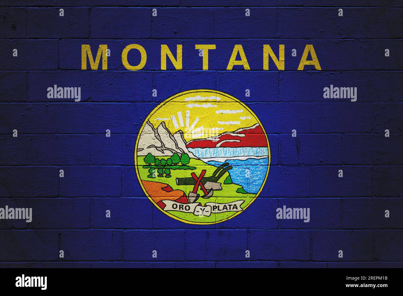 Flag of Montana painted on a cinder block wall Stock Photo - Alamy