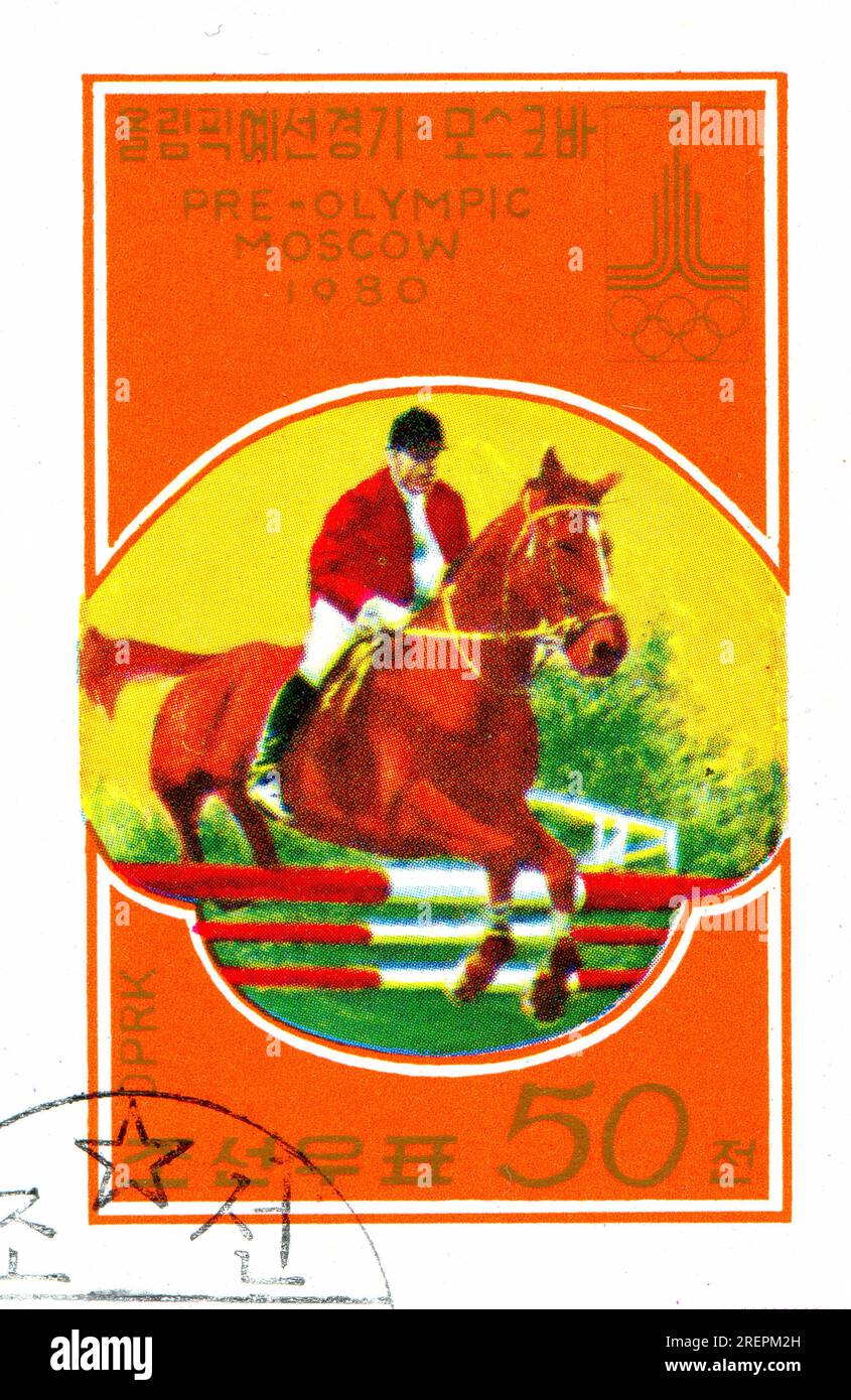 DPR KOREA - CIRCA 1980: stamp printed by DPR Korea, shows equestrian ...
