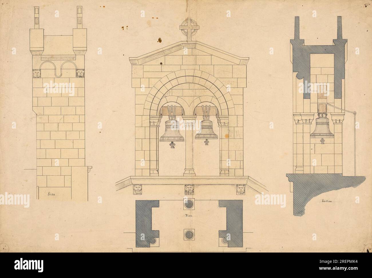 Elevation, Plan and Section of a Bell Tower by Augustus Pugin Stock ...