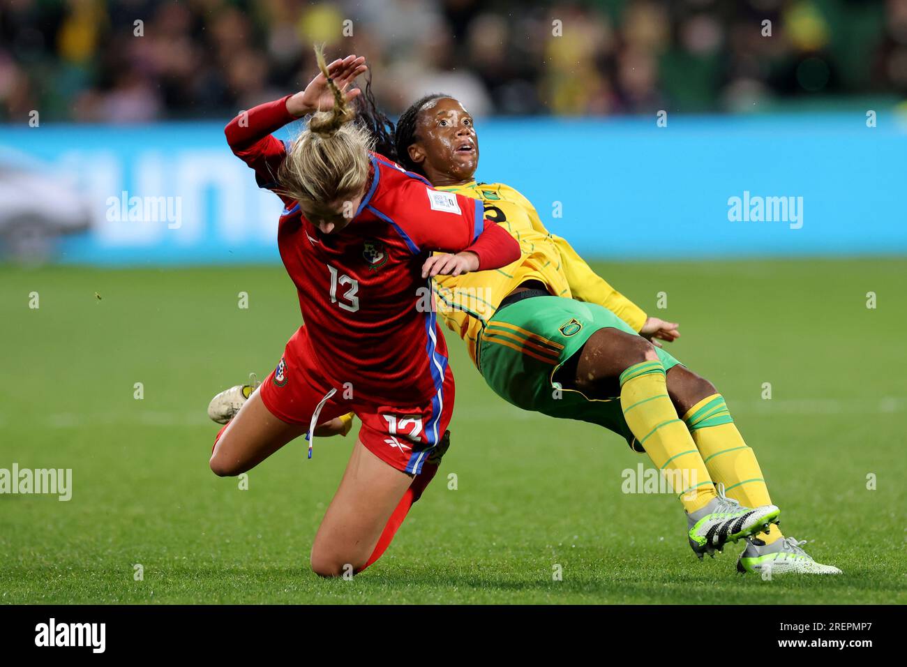 Perth, Australia. 29th July, 2023. Riley Tanner of Panama collides with ...