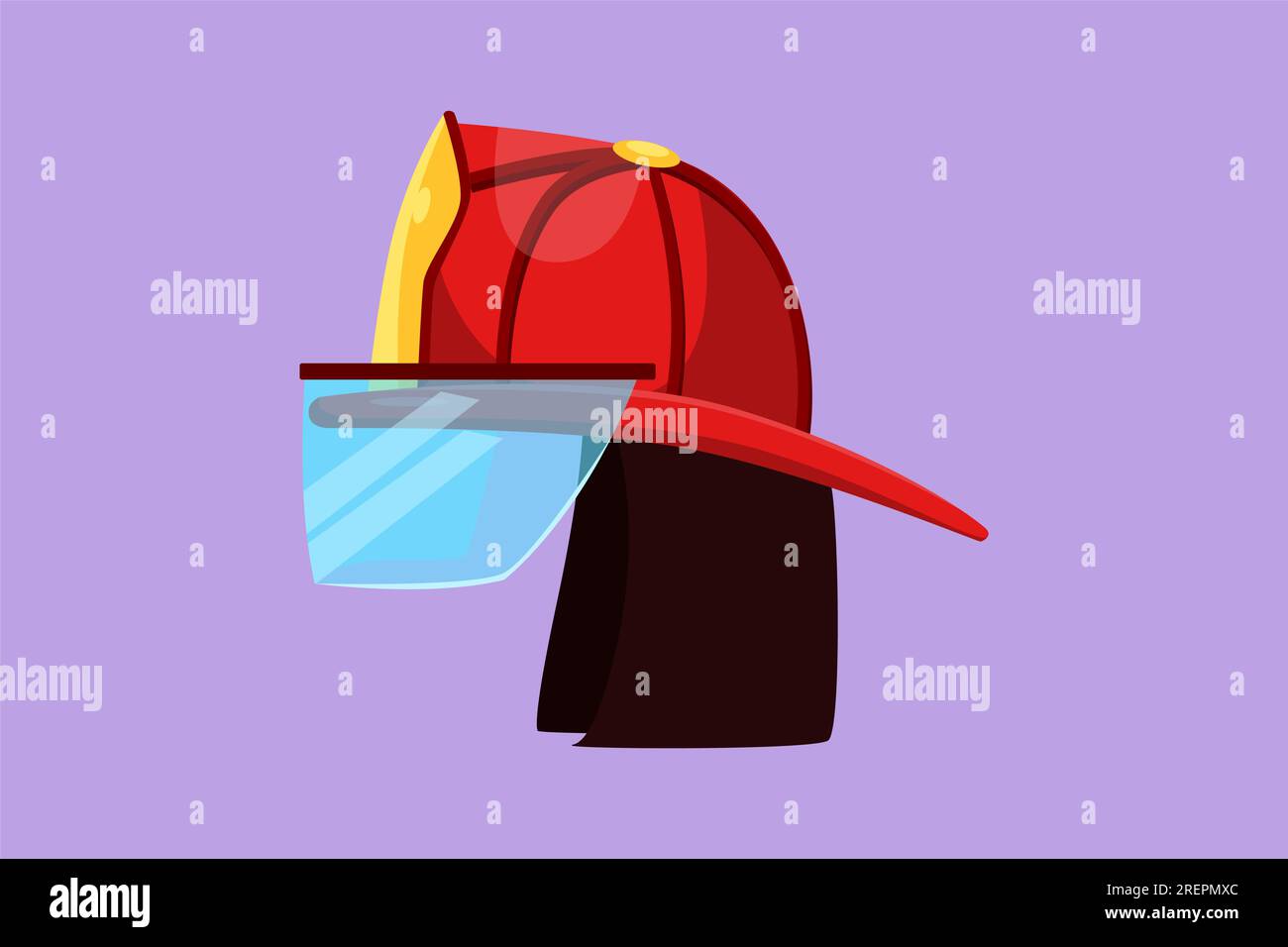 Cartoon flat style drawing red firefighter helmet with protective glass ...