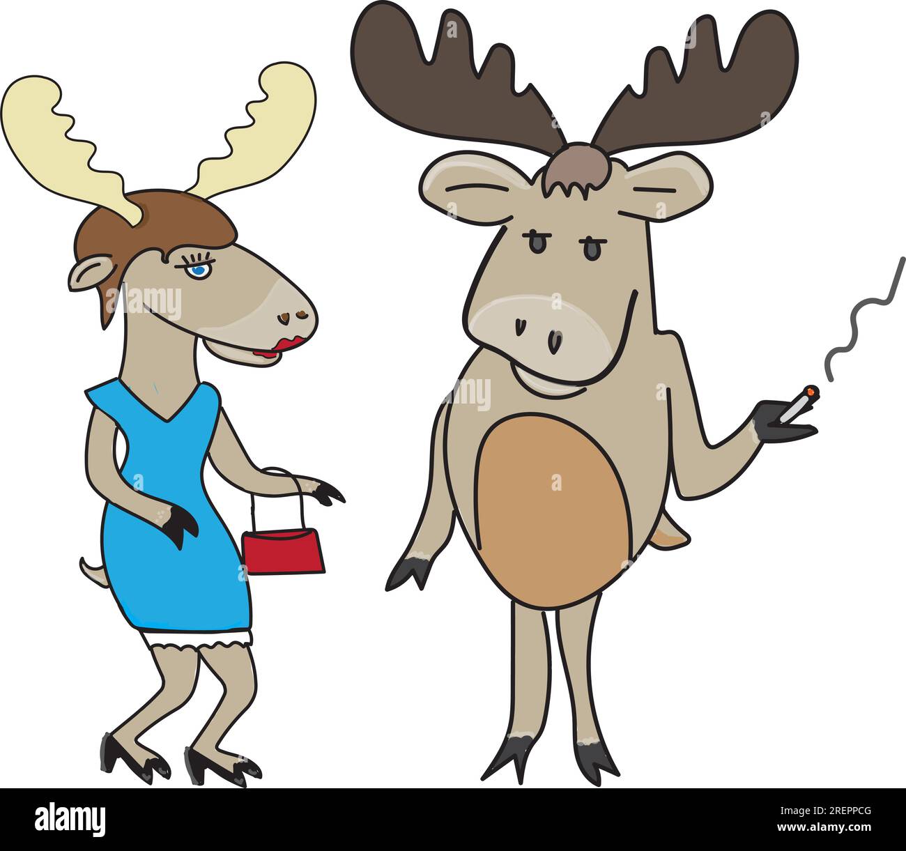 Two anthropomorphic moose, reindeer illustration, smoking animal Stock ...