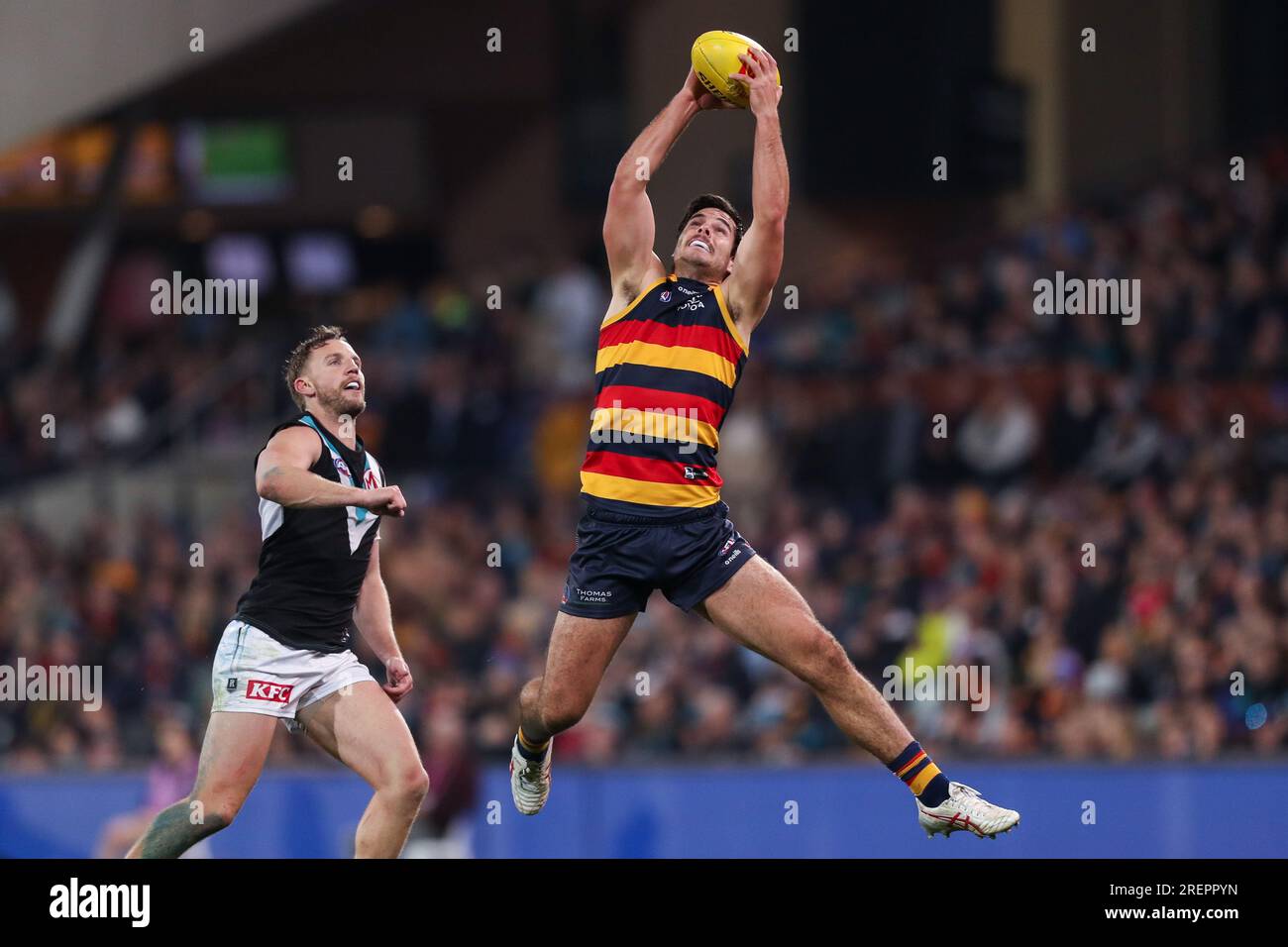 Adelaide, Australia. 29th July, 2023. Darcy Fogarty of the Crows marks ...