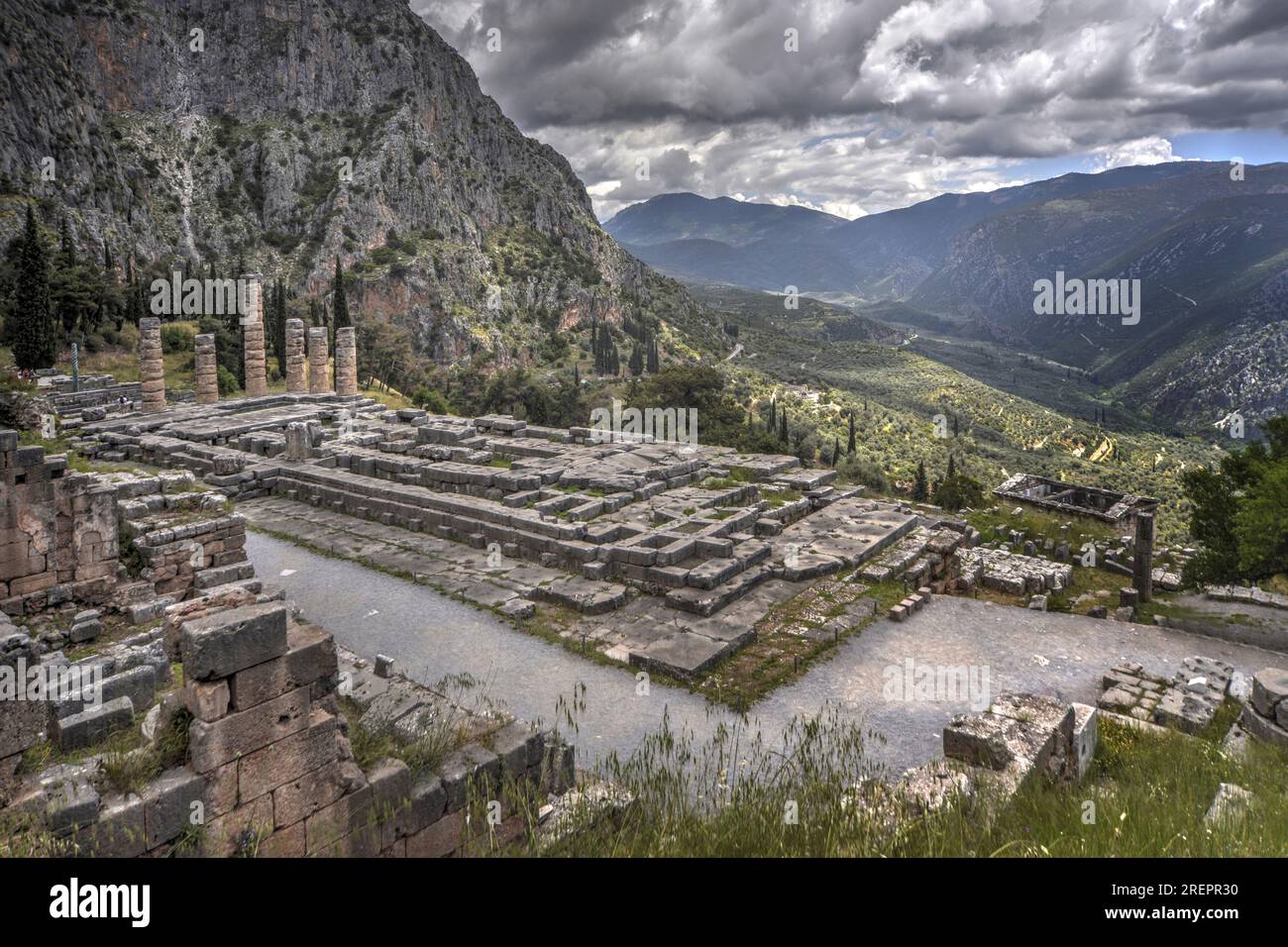 Delphi, Greece: Ancient ruins of the temple in Delphi, Greece located ...