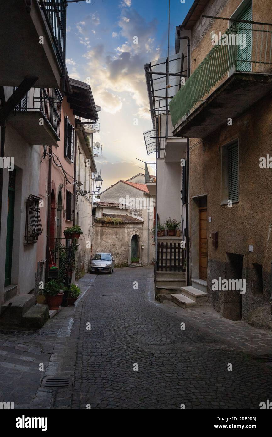 Italian mountain village, the old town with the historic houses and ...