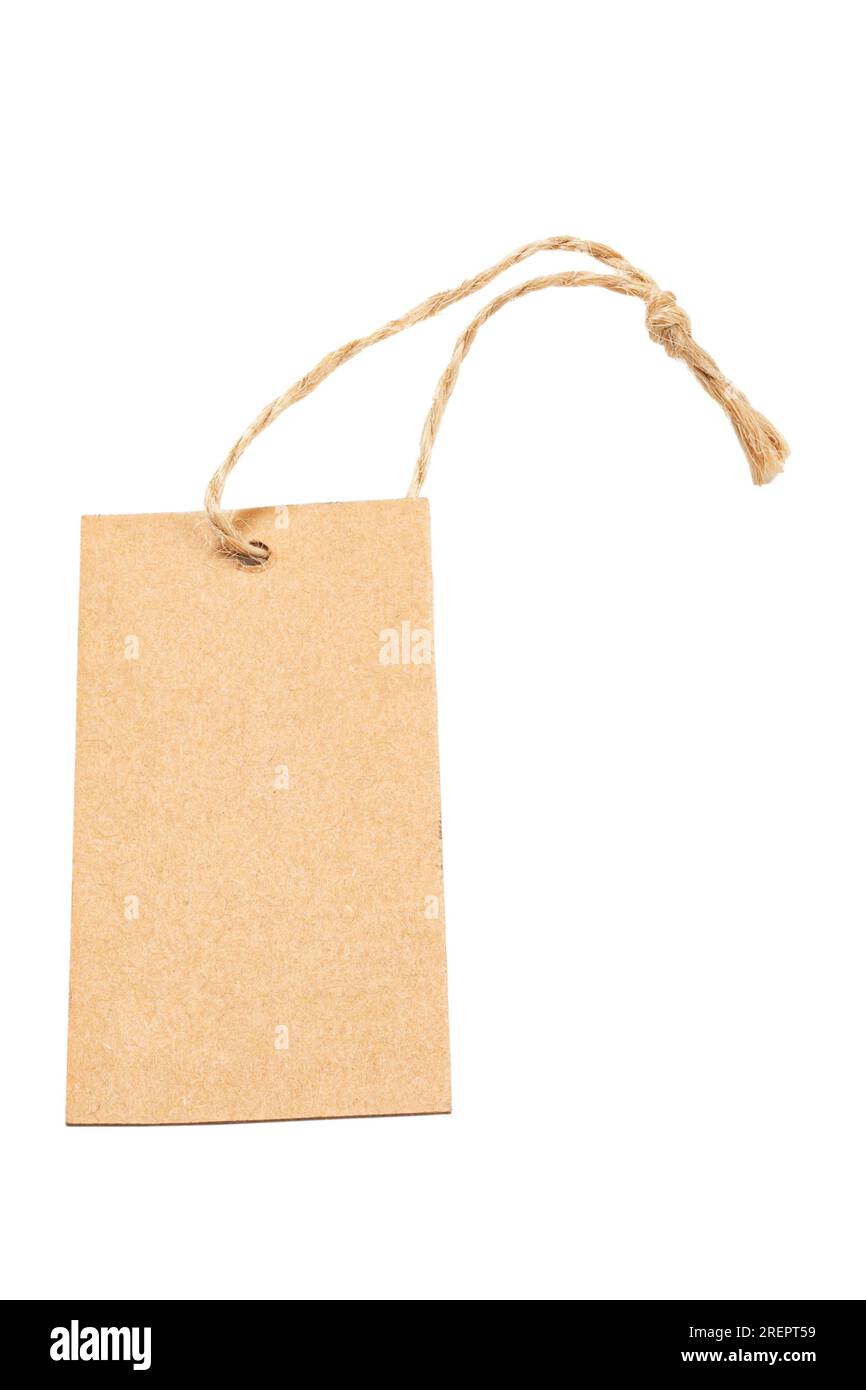 Brown cardboard label with slim rope isolated on white background ...
