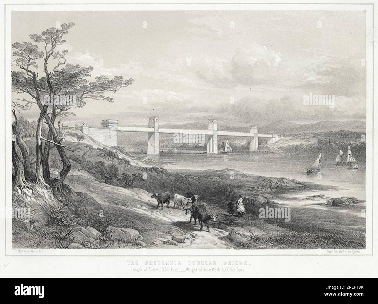 The Britannia Tubular Bridge circa 1850 by George Hawkins Stock Photo ...
