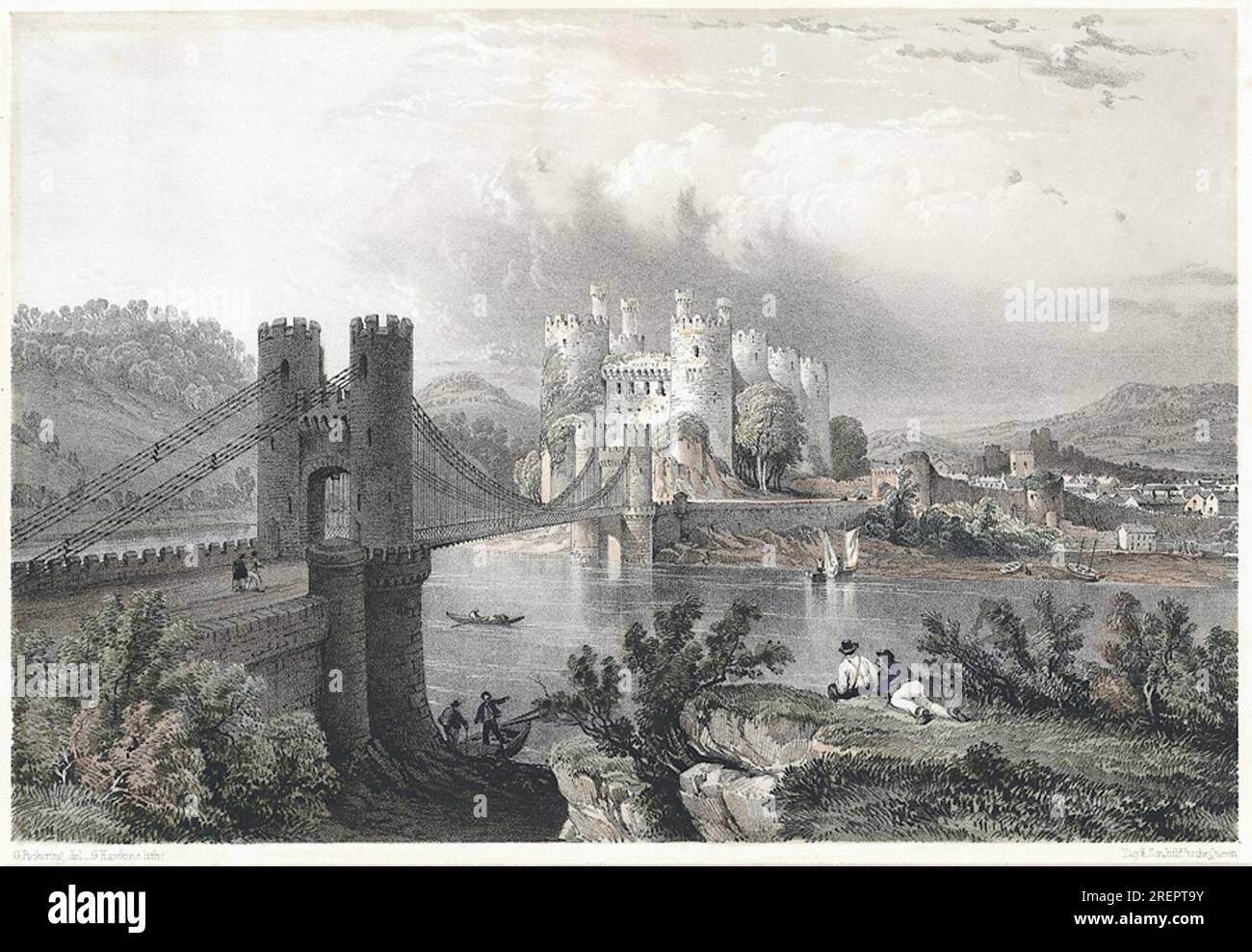 Conway Suspension Bridge circa 1850 by George Hawkins Stock Photo - Alamy