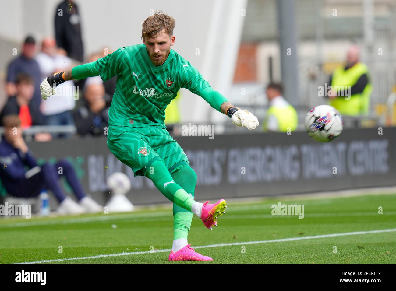 Daniel Grimshaw #32 of Blackpool passes upfield during the Pre-season ...