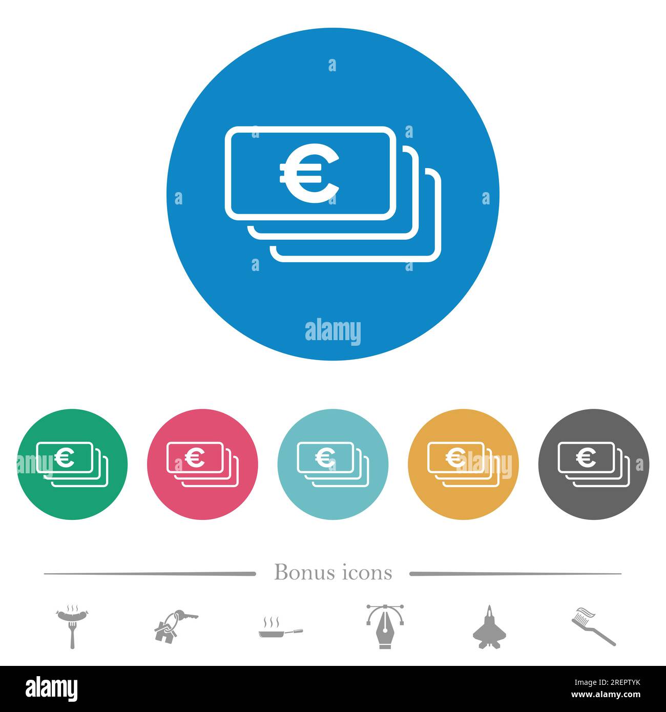 European Euro banknotes outline flat white icons on round color ...