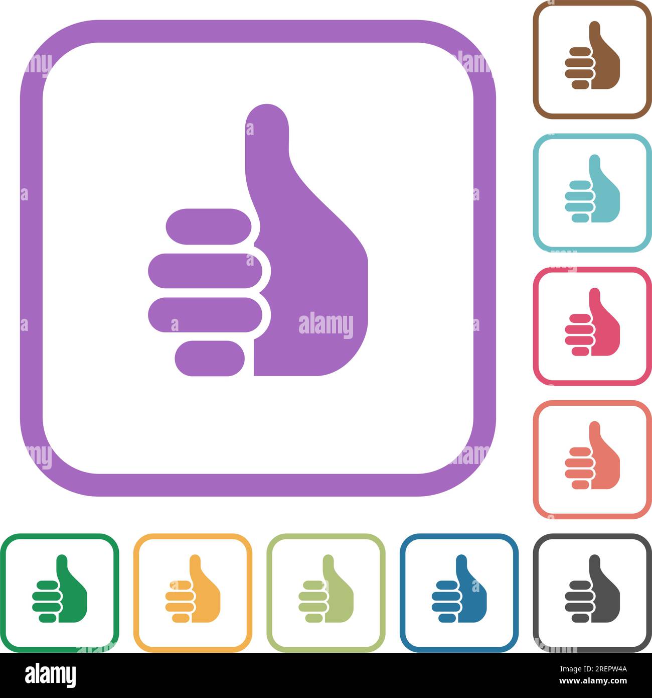 Right handed thumbs up solid simple icons in color rounded square frames on white background ...