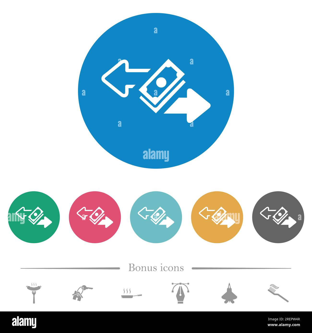 Money transactions flat white icons on round color backgrounds. 6 bonus ...