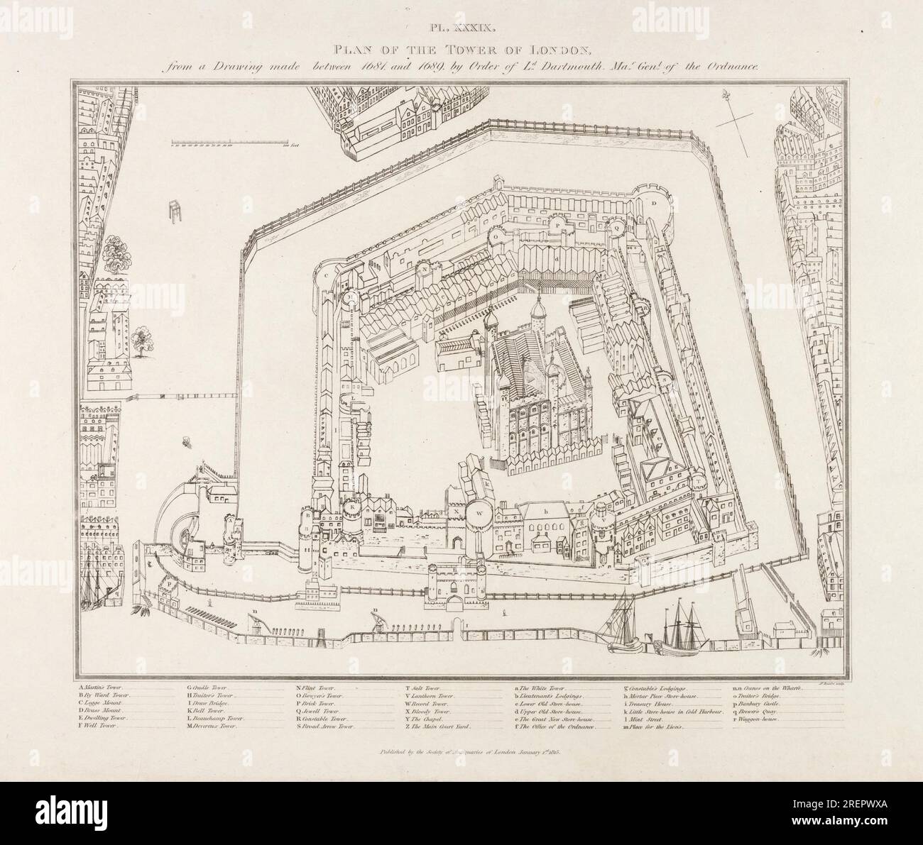 Plan of the Tower of London.1681/1689 1815 by James Basire Stock Photo ...