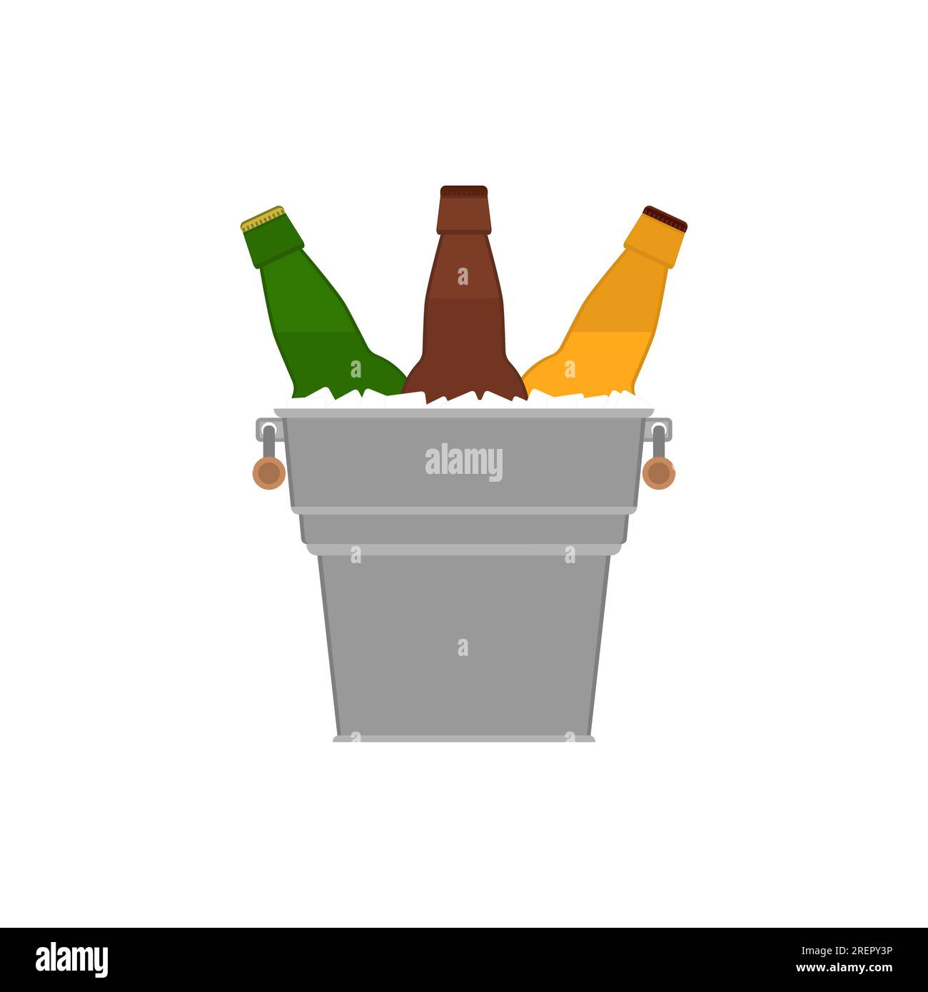 Glass bottles beer in a metal bucket with ice cubes. Vector ...