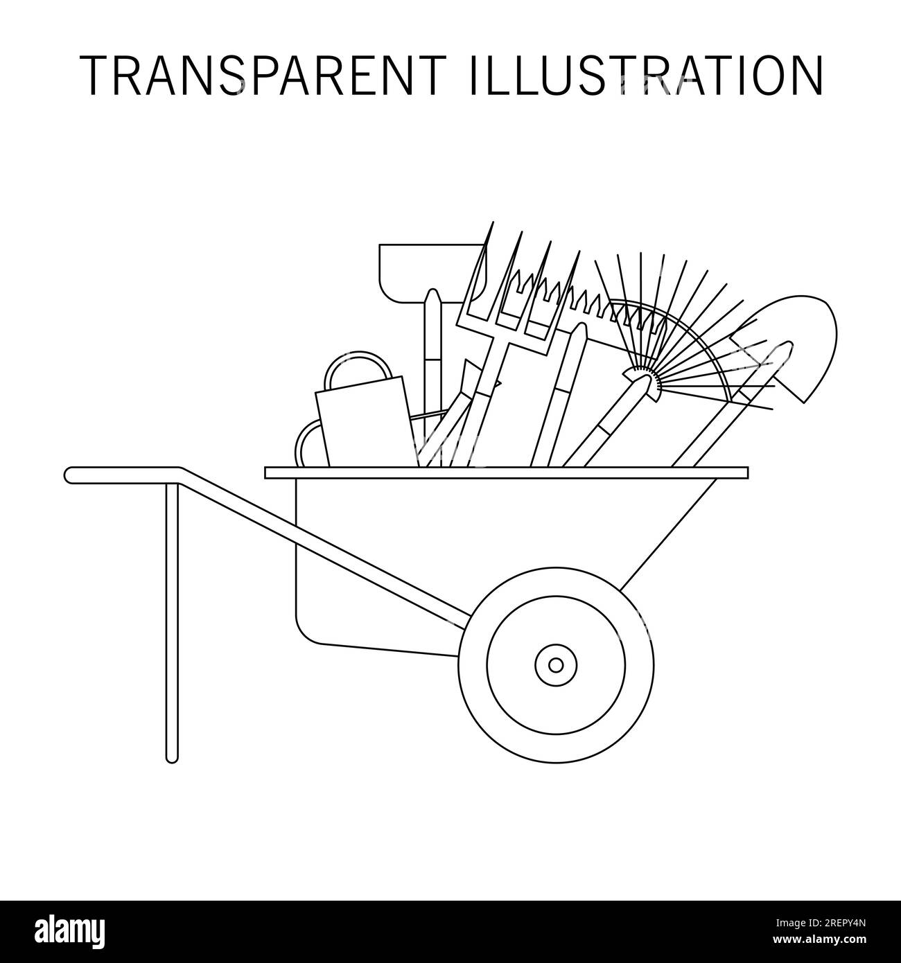 Set of various gardening tools in a wheelbarrow. Vector outline and ...