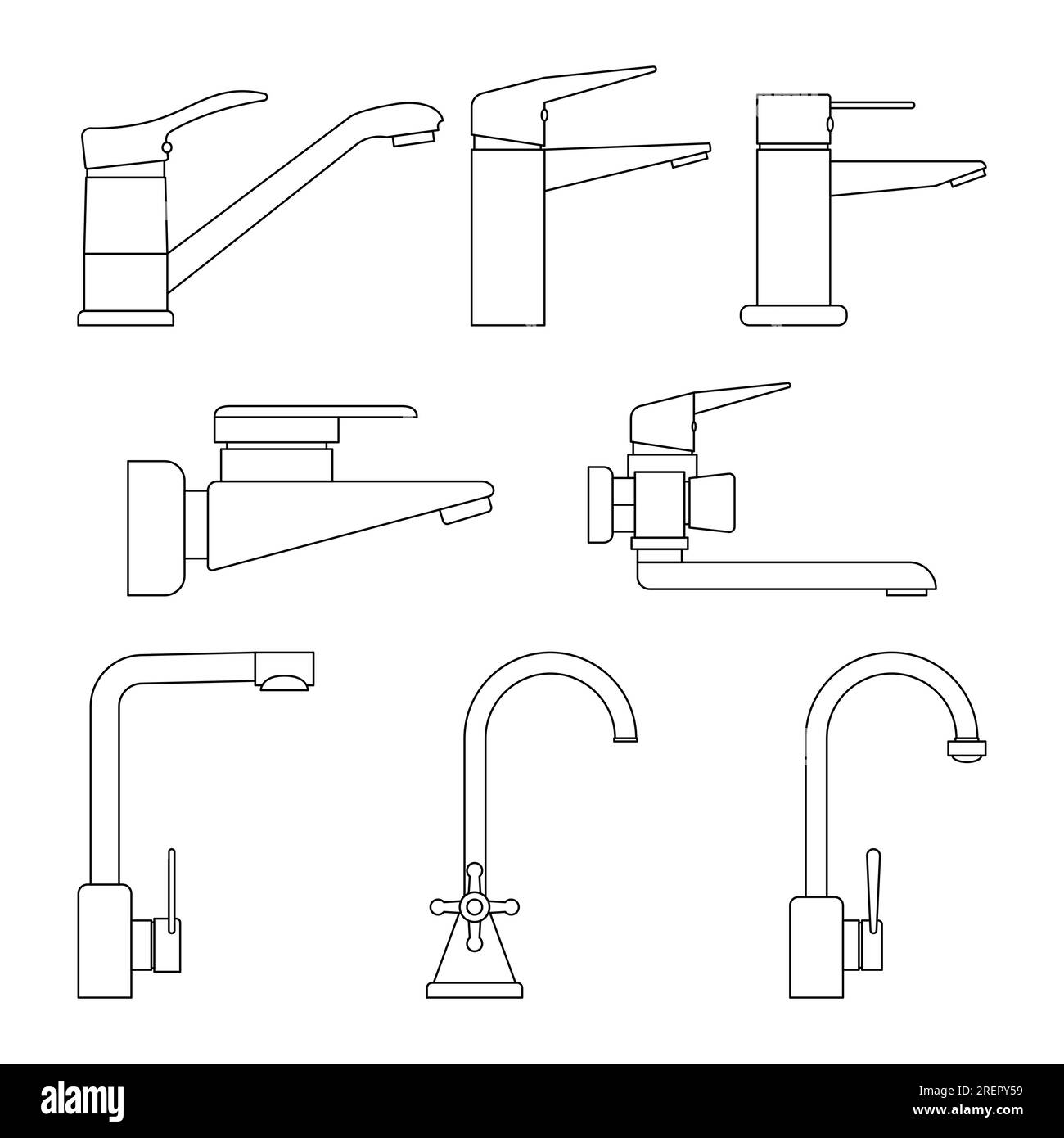 Set of icons water taps, faucets for bathroom and kitchen on white ...